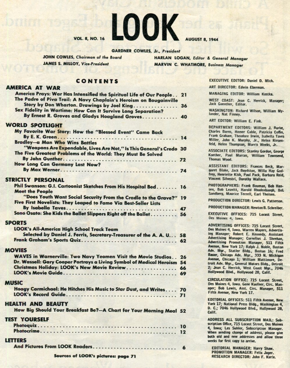 LOOK Magazines VOL.8,NO16 1944年8月 / ハナ書房 / 古本、中古本、古書籍の通販は「日本の古本屋」